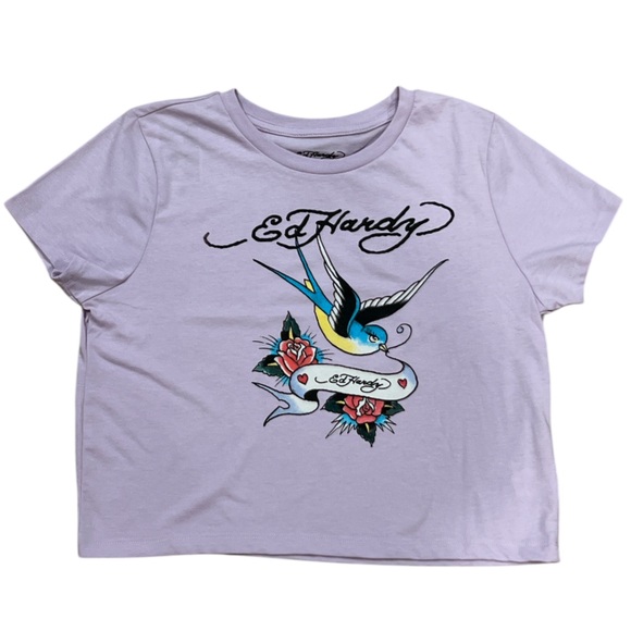 Ed Hardy | Tops | Ed Hardy Womens Cropped Tee Shirt Lavender Front And ...